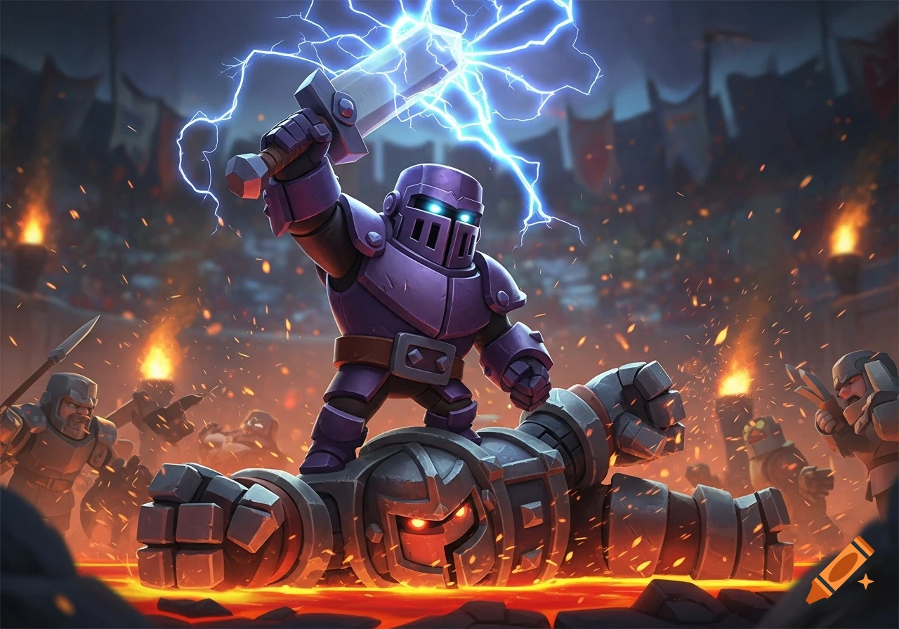 A purple armored knight, Pekka, stands on a defeated rock golem, Mega ...