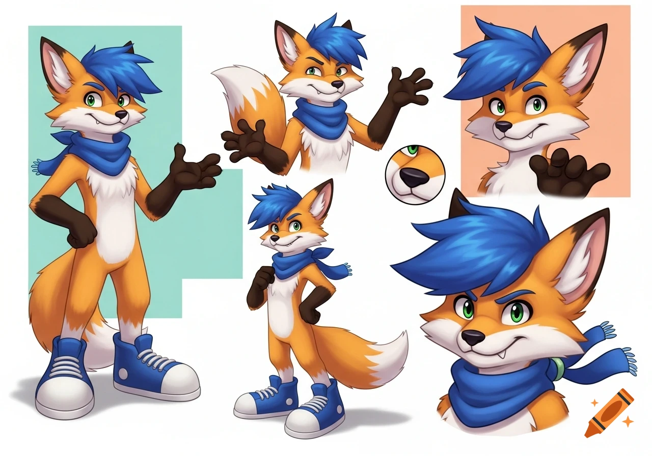 A toony reference sheet of a light orange fox character with blue hair ...