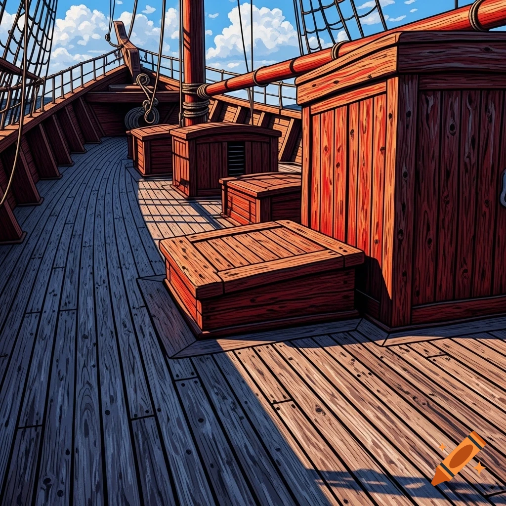 A wooden ship deck with prominent grain, strong shadows, and red wooden ...