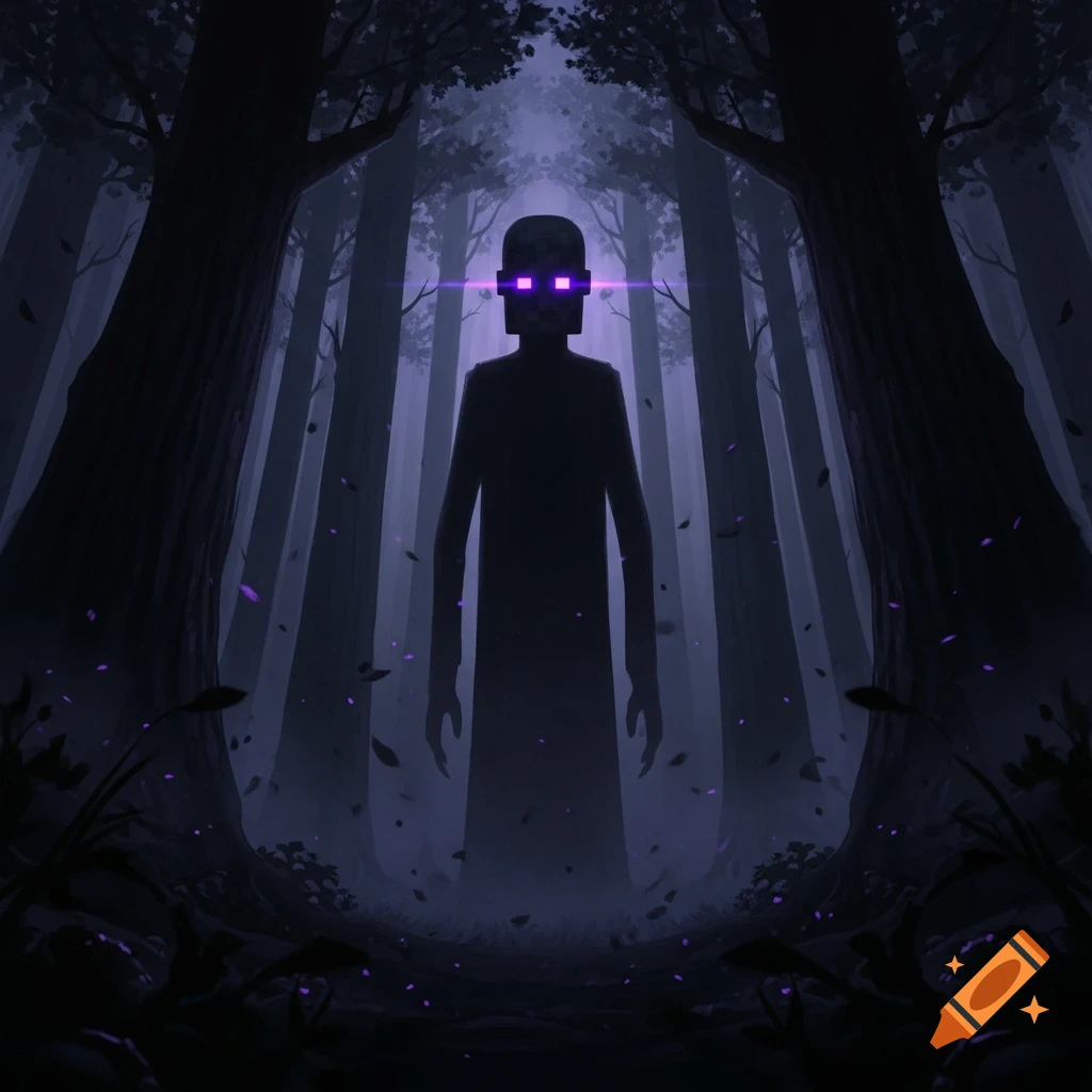 A tall, shadowy figure with glowing purple eyes stands in a dark ...