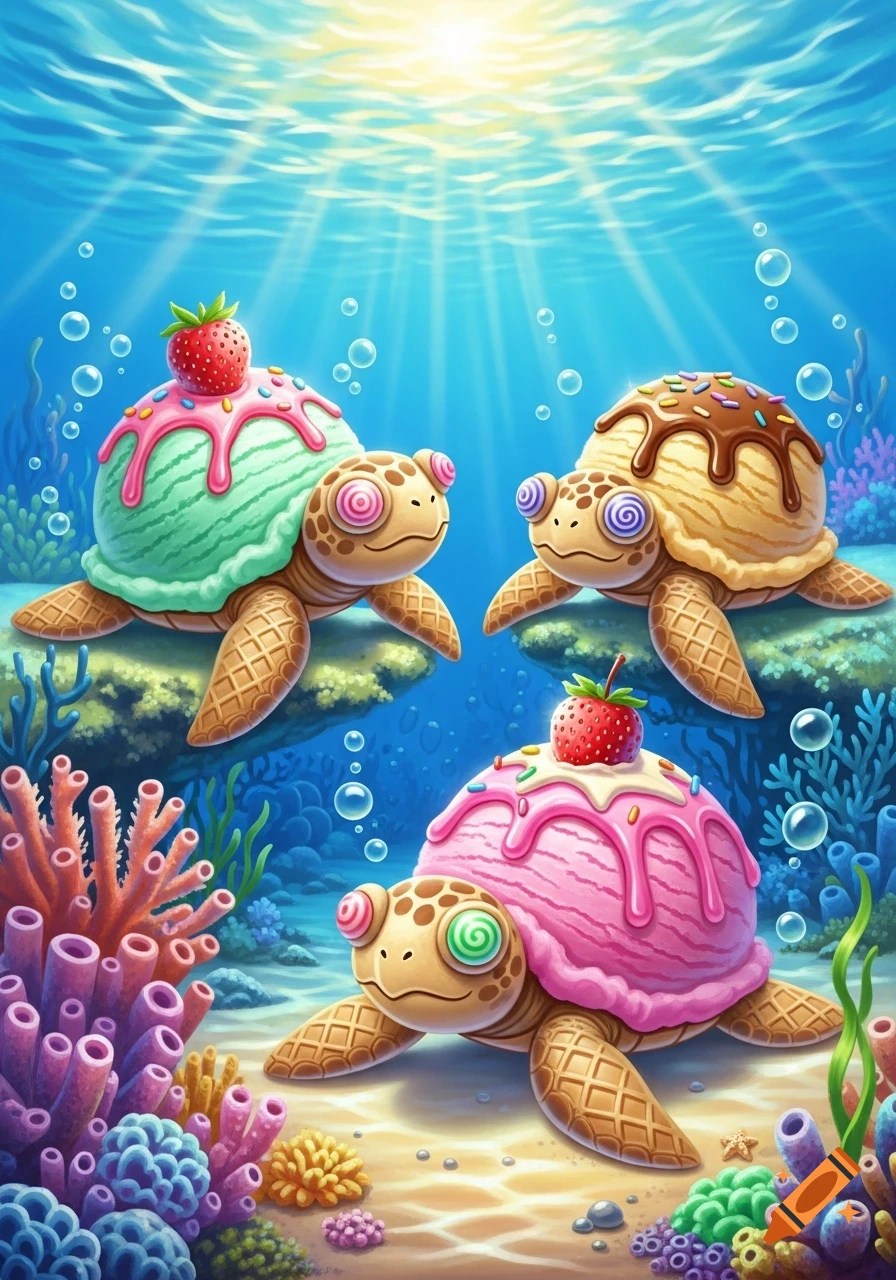 Three cartoon ice cream turtles with waffle cone bodies swim in a ...