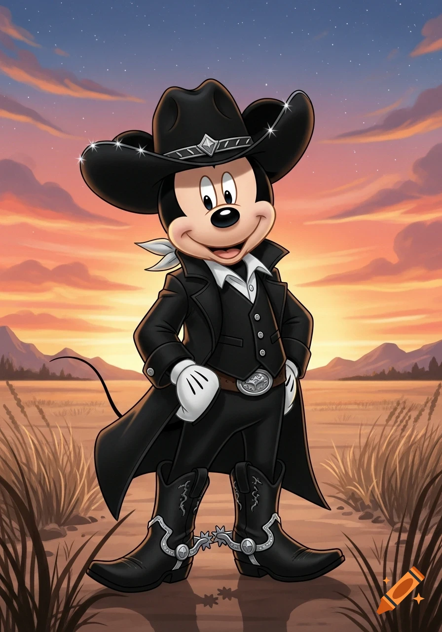 Mickey Mouse in a black cowboy hat, coat, and boots, standing in a ...
