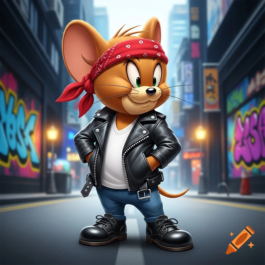 Jerry Mouse in a red bandana, black leather jacket, white t-shirt, blue ...