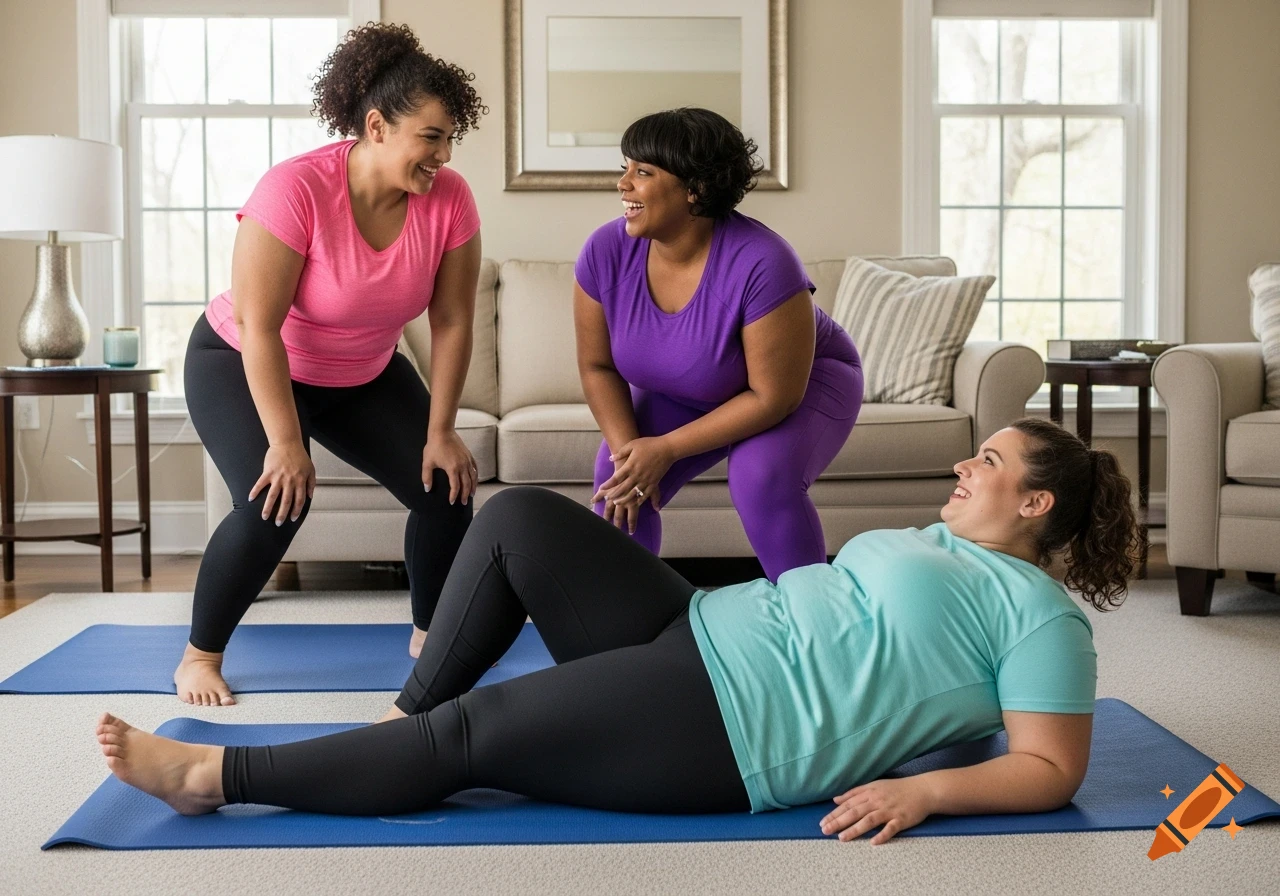 Three smiling plus-sized women in activewear exercising together in a ...