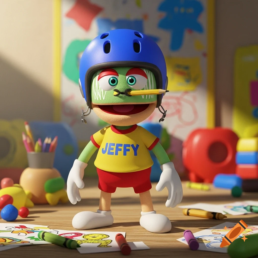 3D rendered Jeffy puppet wearing a blue helmet, yellow shirt, and red ...