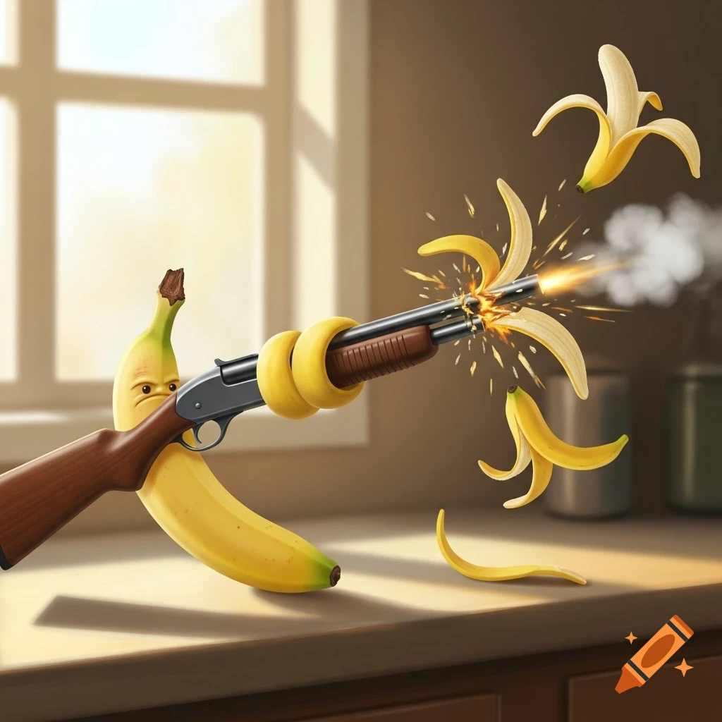 A cartoon banana with a worried face holds a shotgun while another ...