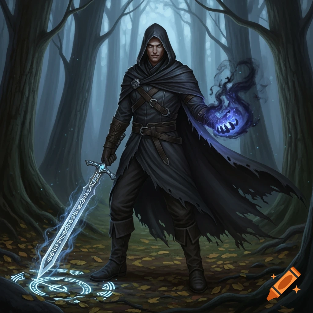 A dark-hooded rogue stands in a misty forest, wielding a glowing ...