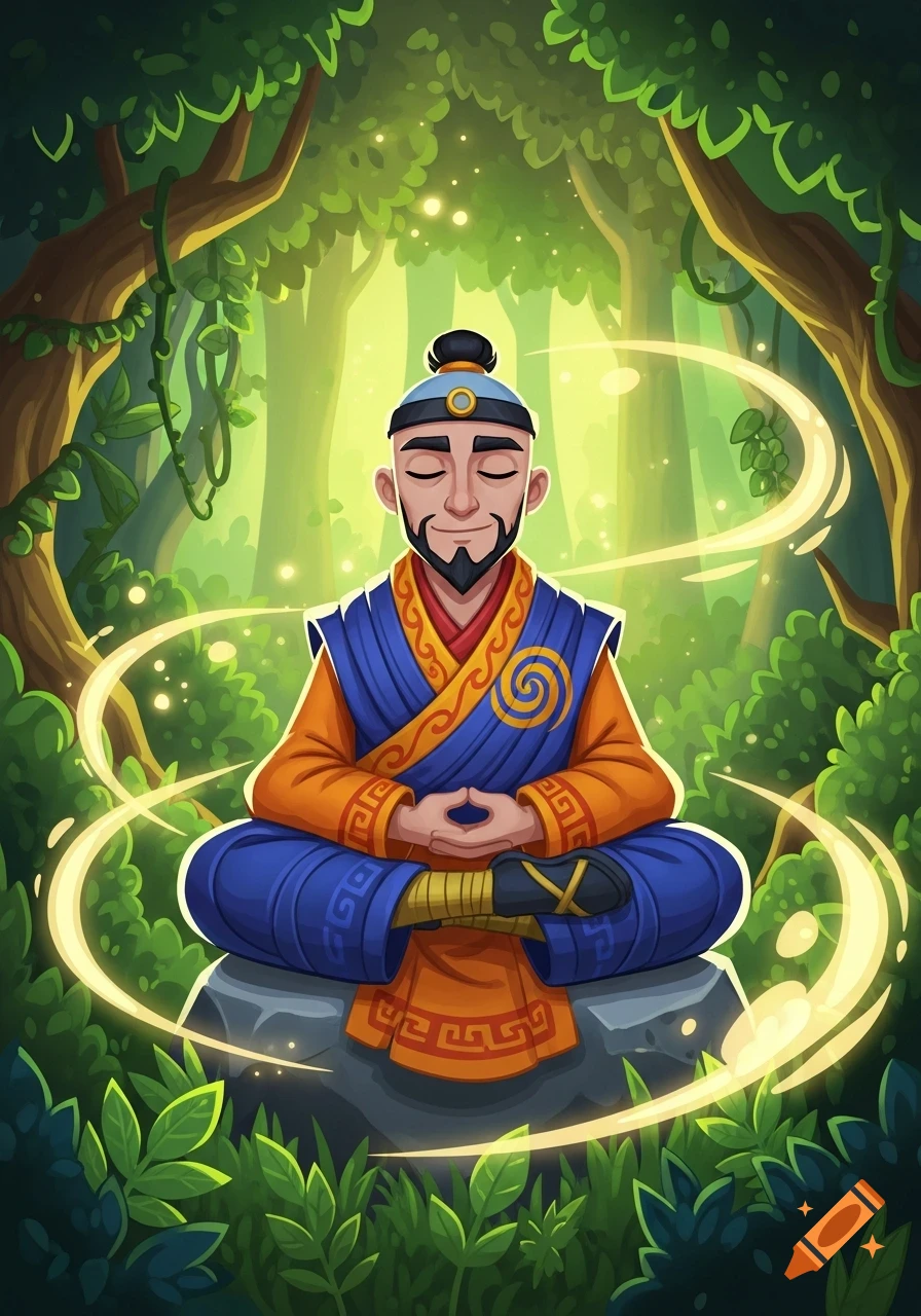 A cartoon monk meditates peacefully in a vibrant green forest ...