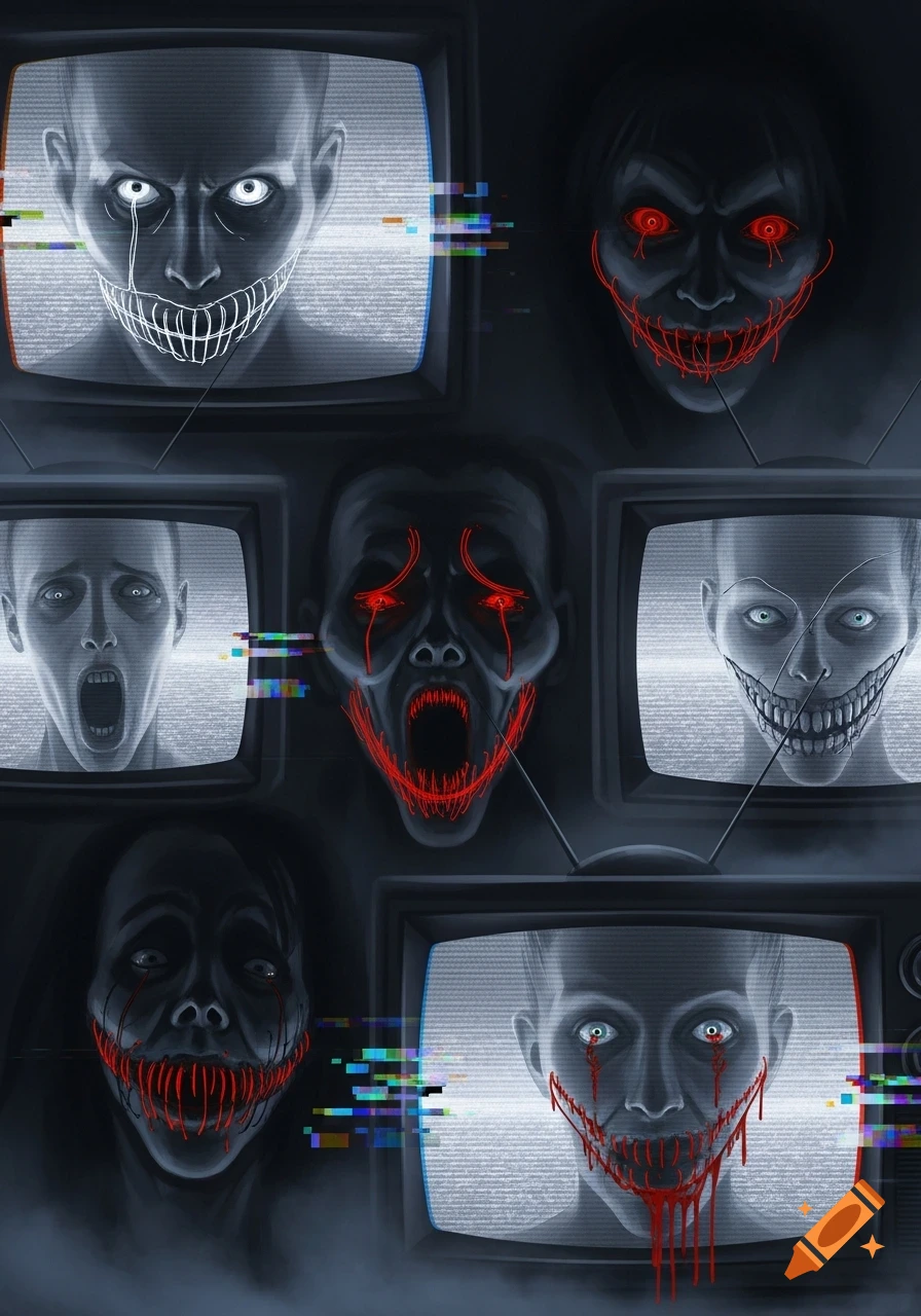 Multiple distorted, unsettling faces with glowing red eyes and stitched ...