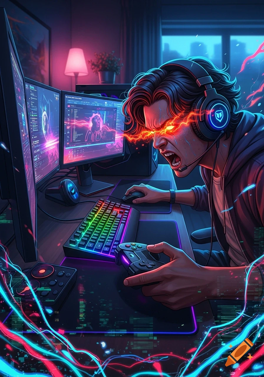 An enraged gamer with glowing red eyes and electricity around his head ...