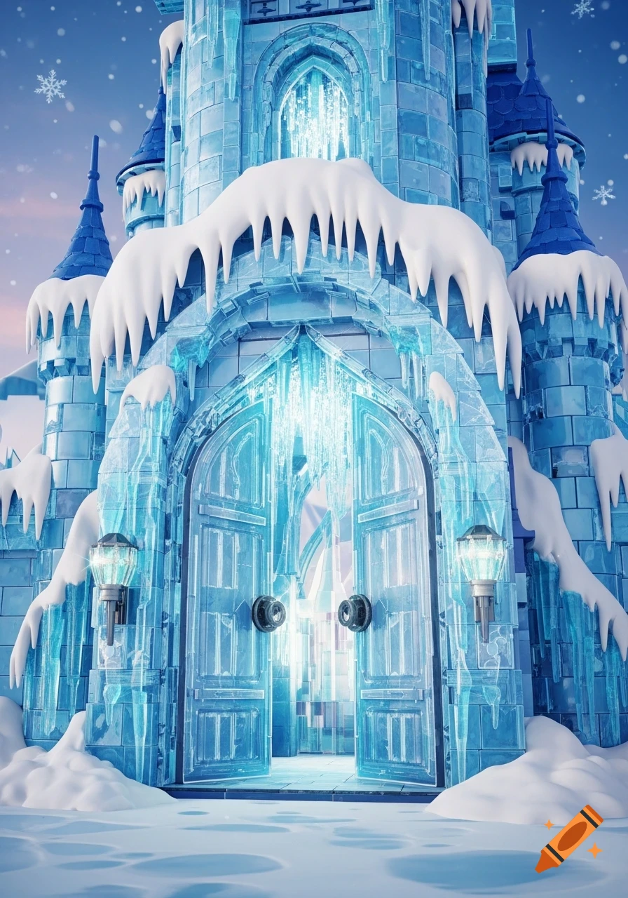 A majestic ice castle with intricate blue brick walls and snow-covered ...