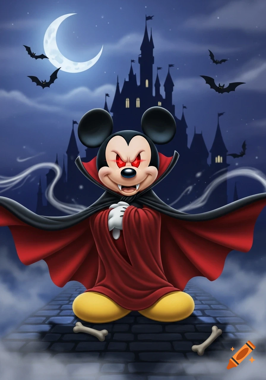 Mickey Mouse dressed as a vampire with red eyes and fangs, standing in ...