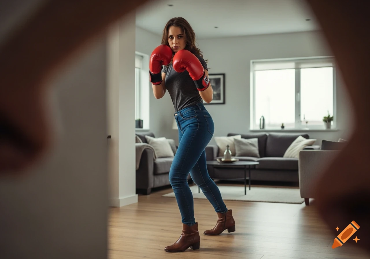 A woman in a boxing stance wears red gloves, jeans, and brown boots in ...