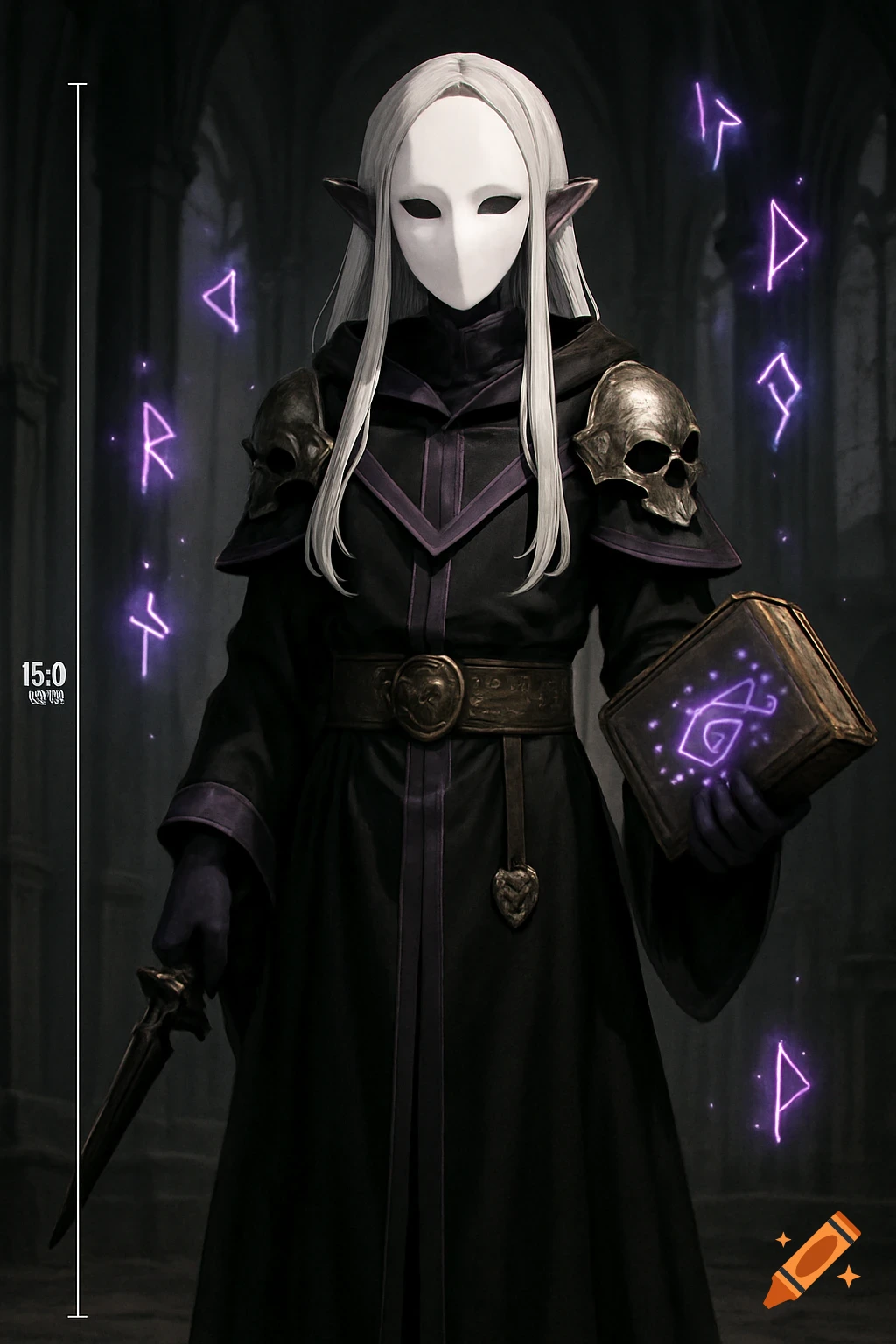 An androgynous drow death priest wearing a black robe and skull ...