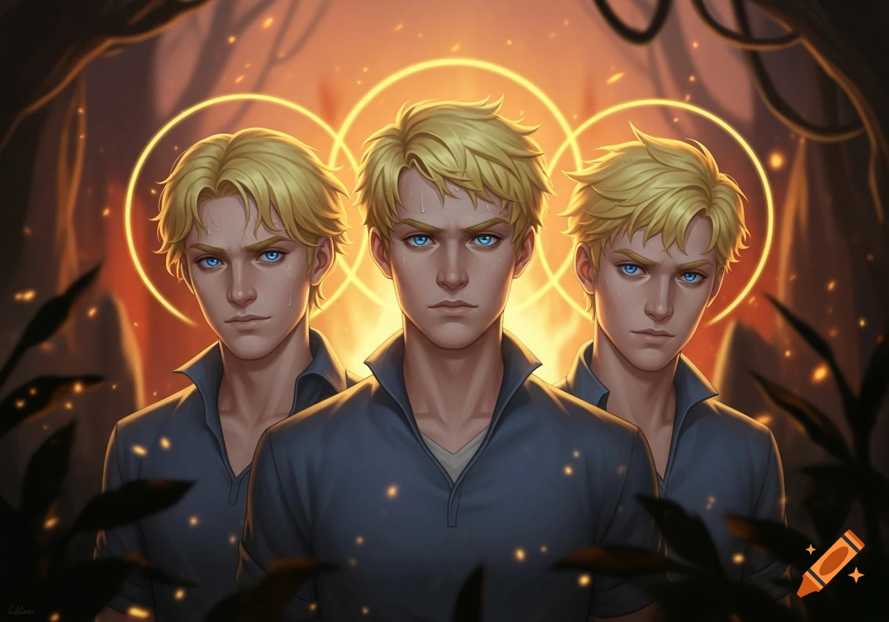 Three blonde-haired young men with blue eyes and glowing halos stand in ...
