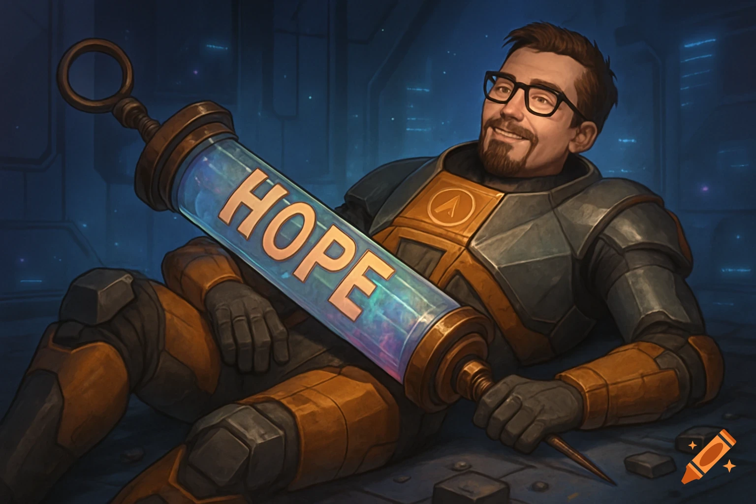 Gordon Freeman, in a sci-fi suit, reclines happily, holding a giant ...