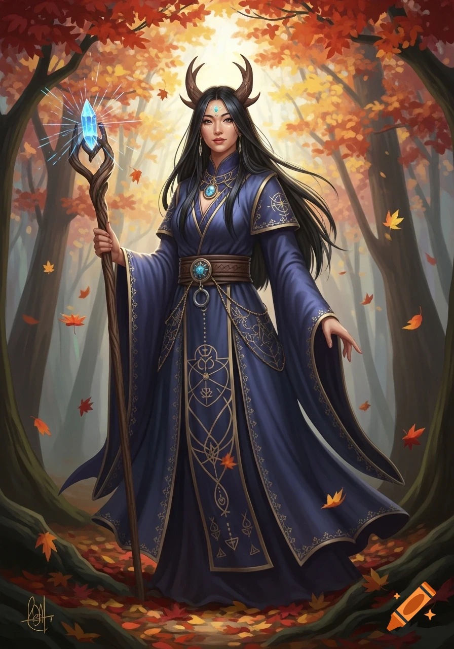A horned witch with long black hair, dressed in a blue robe, stands in ...