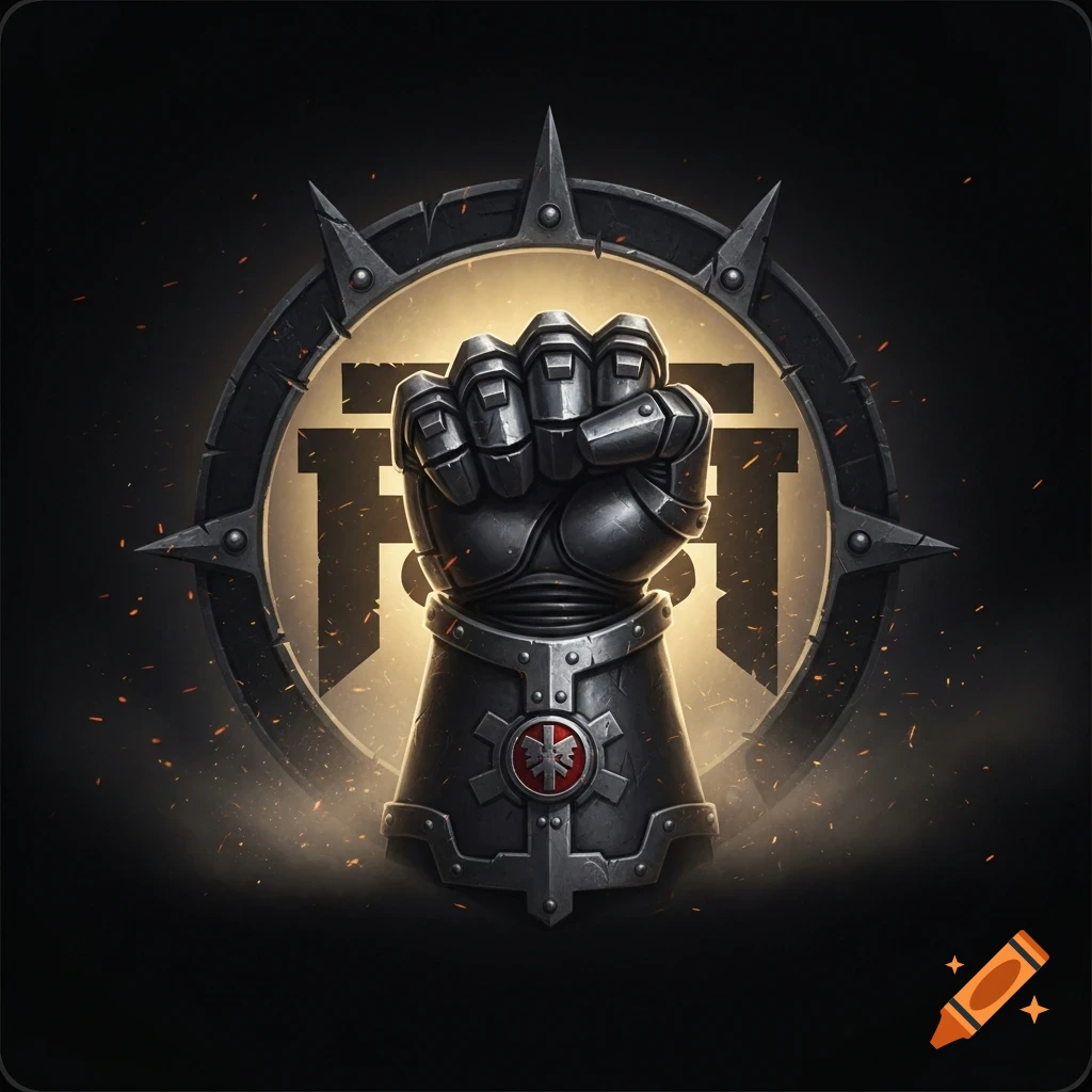 Hyper-realistic Warhammer 40K Imperial Fists armored gauntlet fist in a ...