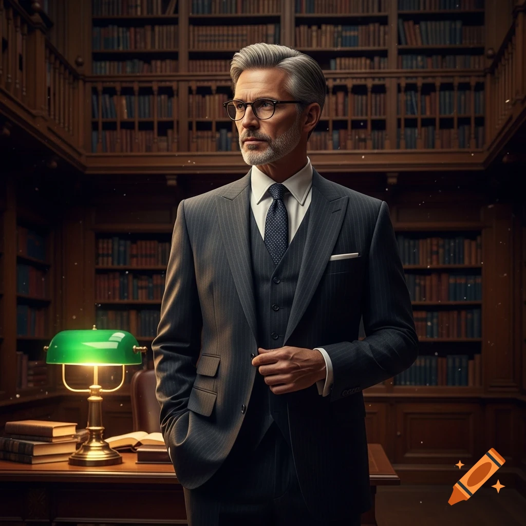 A distinguished man with gray hair and glasses in a pinstripe suit ...