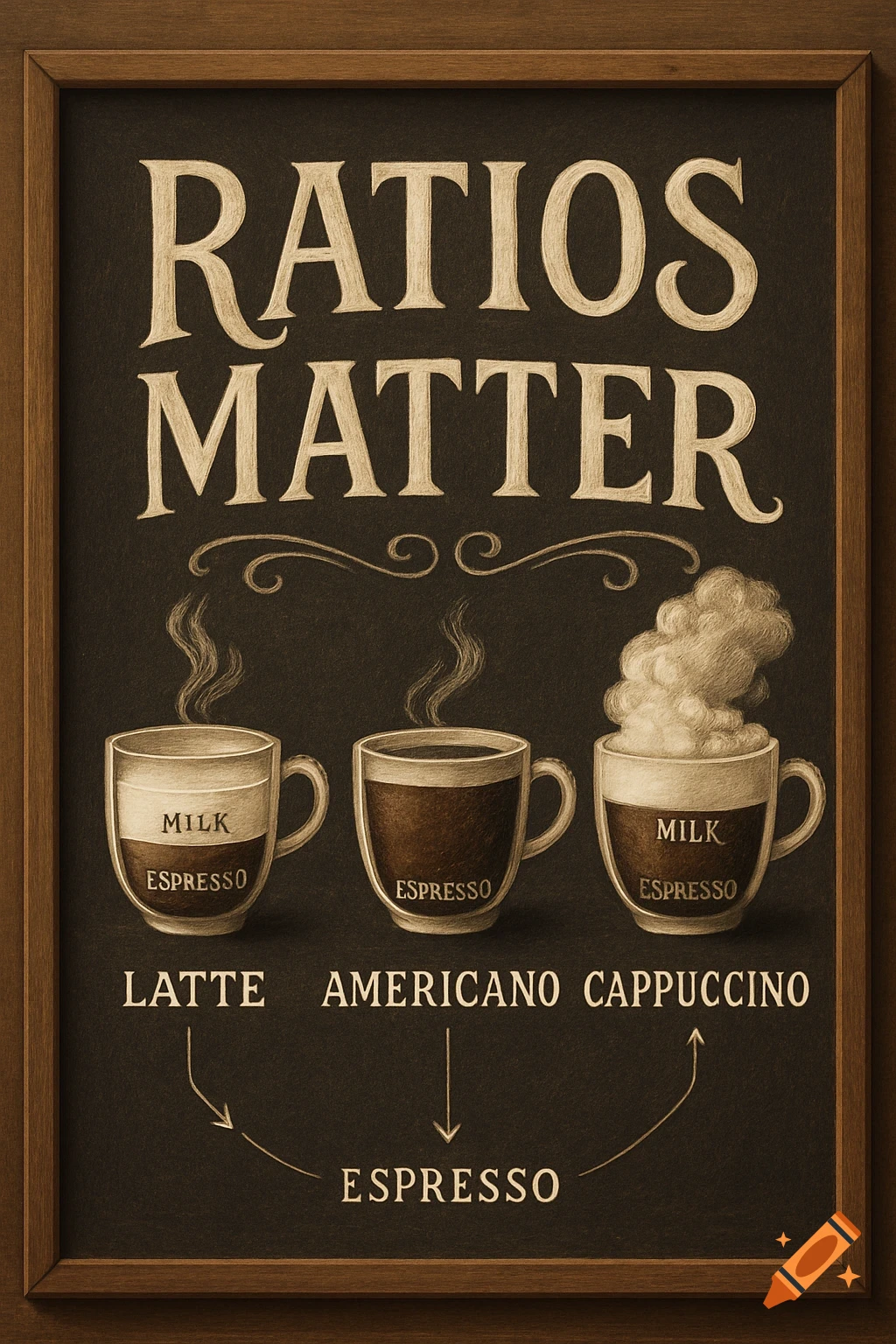 A chalkboard sign illustrating coffee ratios for latte, americano, and ...