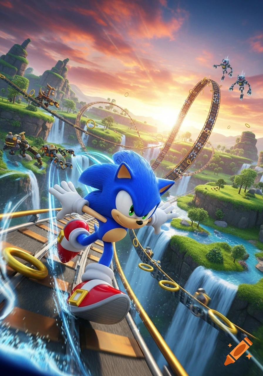 Sonic the Hedgehog speeds across a looping track over waterfalls and ...