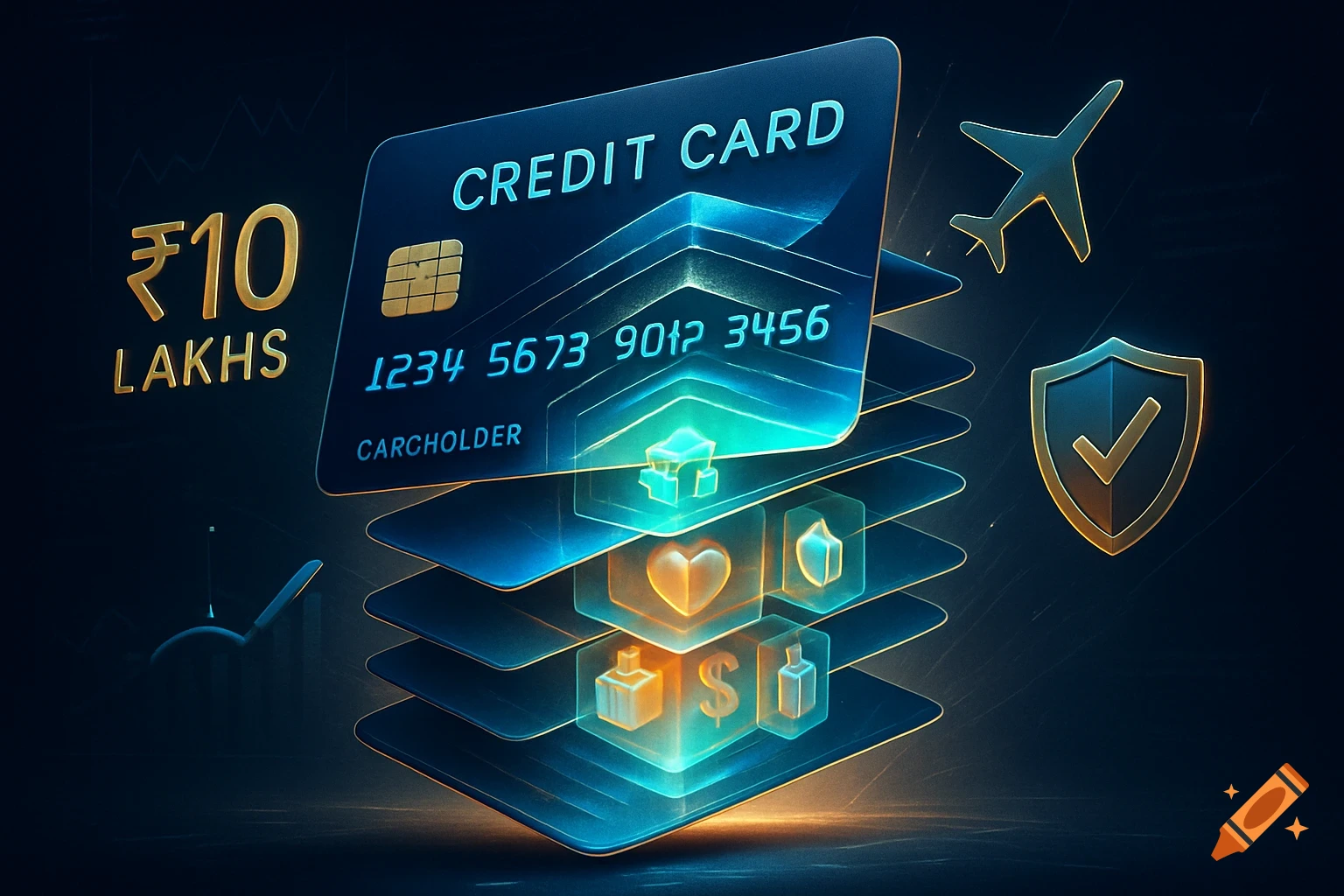 Stylized credit card with 'CREDIT CARD', '₹10 LAKHS', and various ...