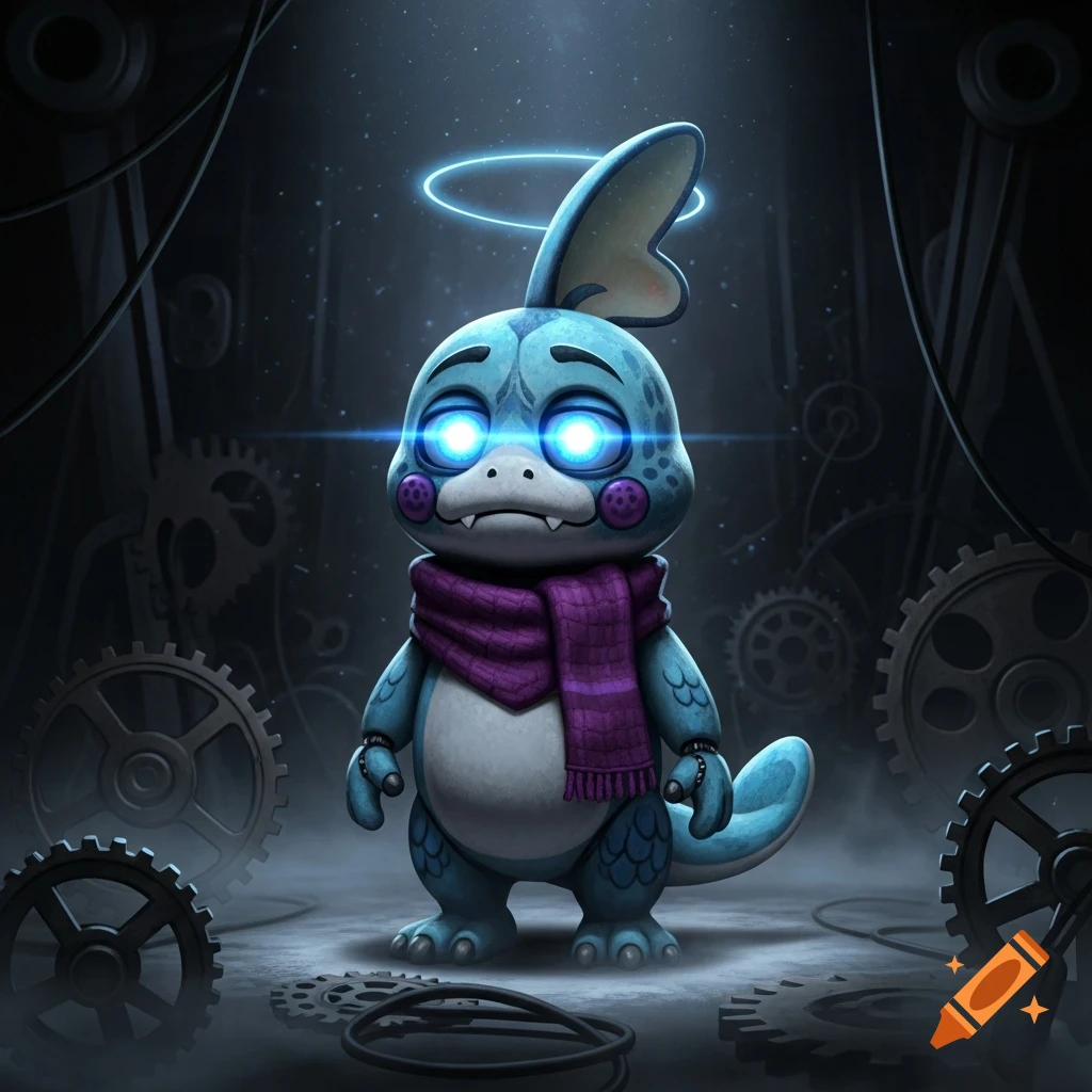 A cute blue Sobble animatronic with glowing eyes, wearing a purple ...