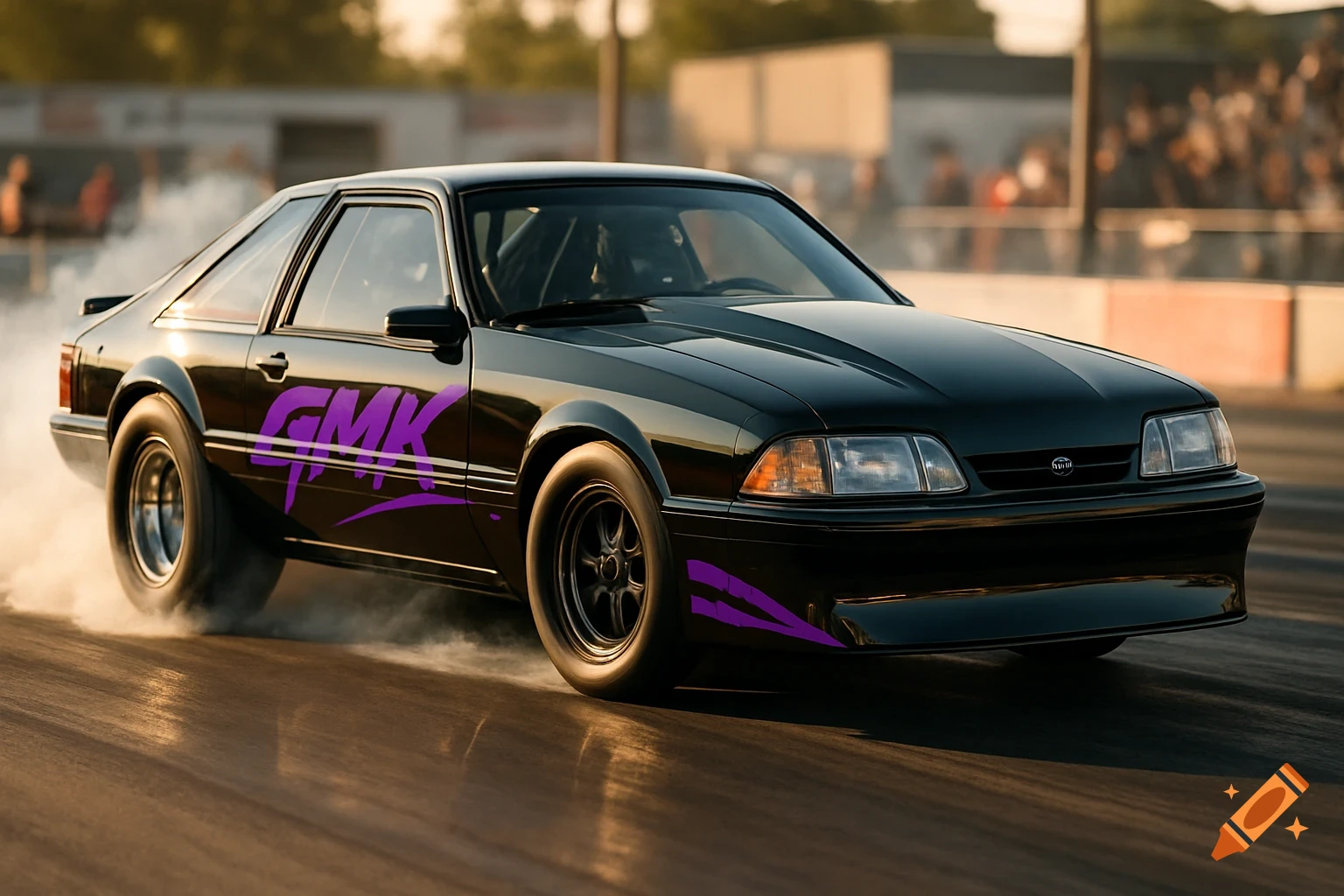A black Fox body Mustang drag car with purple GMK decals doing a ...