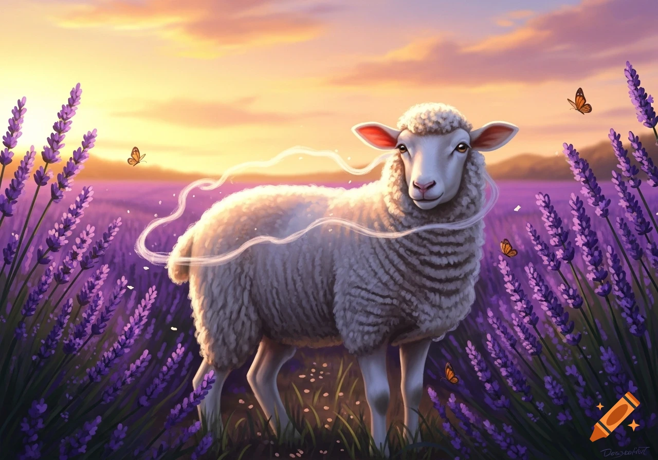 A white sheep stands in a vibrant purple lavender field under a glowing ...