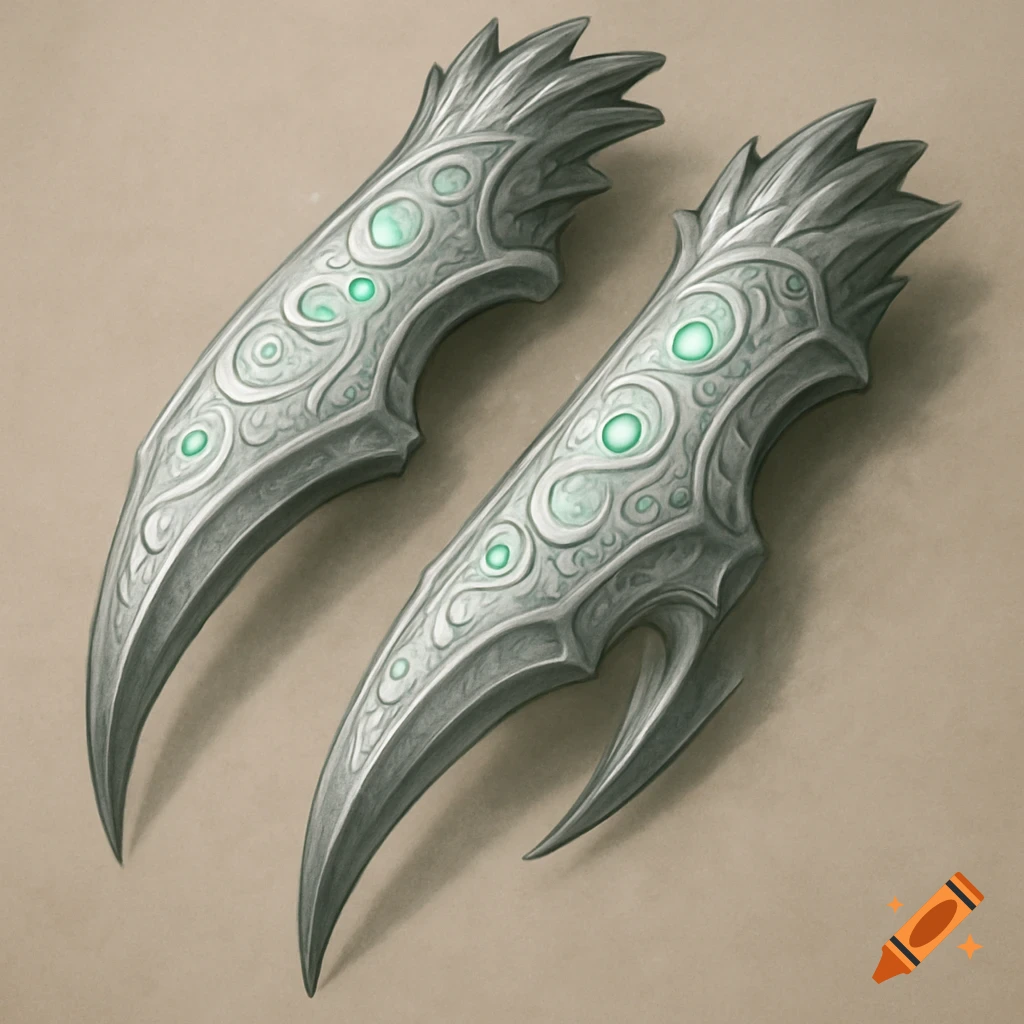 Two silver fantasy claw weapons with glowing emerald gemstones and ...