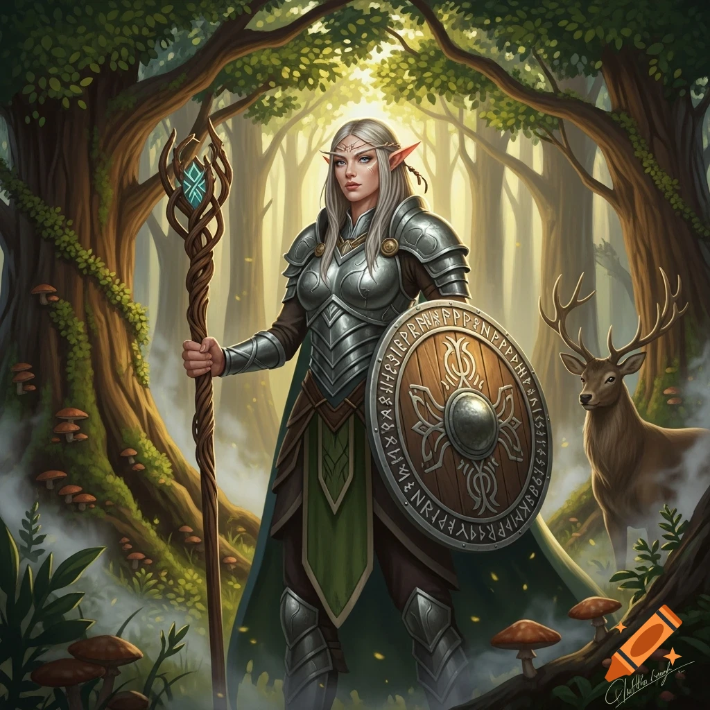 A female elf druid in metal armor holding a staff and a shield ...