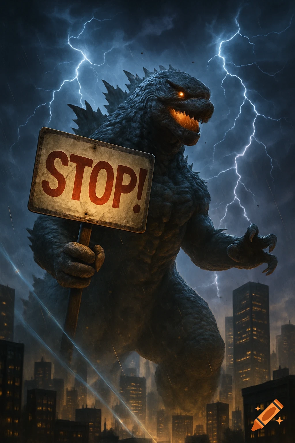 Godzilla holds a 'STOP!' sign over a city during a dramatic lightning ...