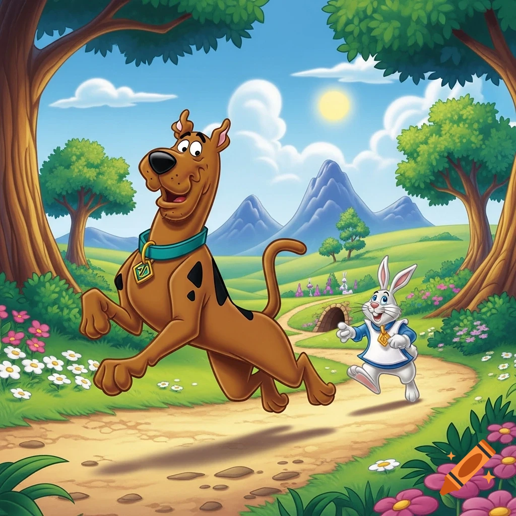 Scooby Doo, running on two legs with a curious expression, chases the ...