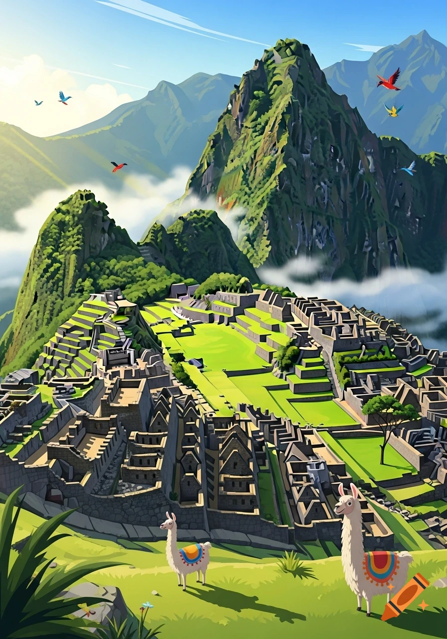 Cartoon illustration of the ancient city of Machu Picchu nestled in ...
