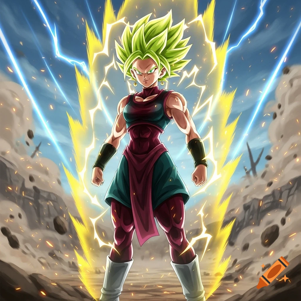 Kefla, a powerful green-haired anime character, stands amidst energy ...