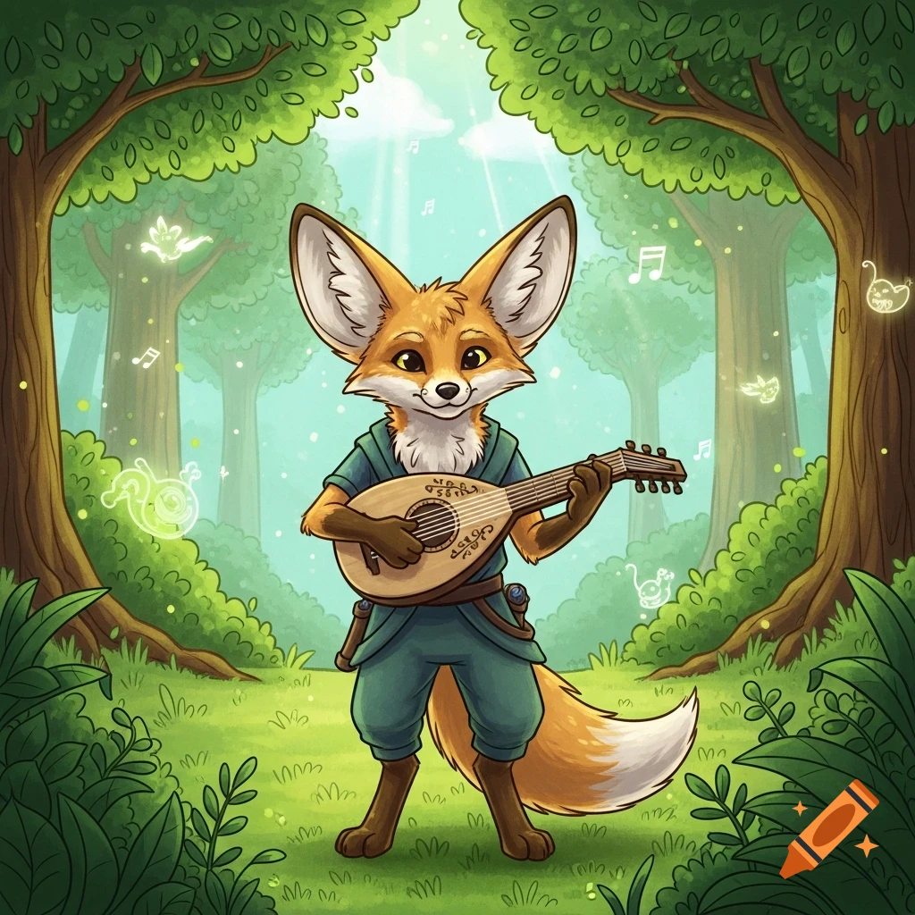 A cute fennec fox barde playing a lute in a bright forest, rendered in ...