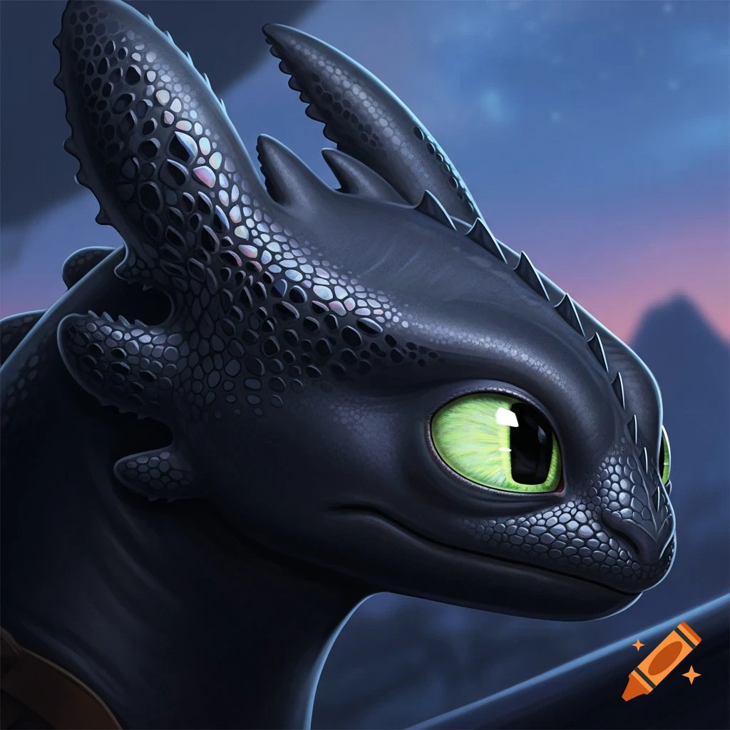 Close-up side view of Toothless, a black dragon with large green eyes ...