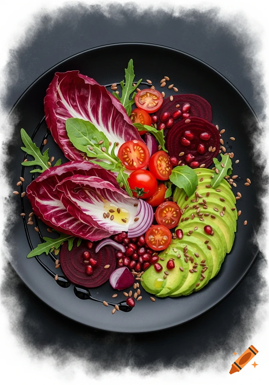 A vibrant, photorealistic salad on a black plate with radicchio ...