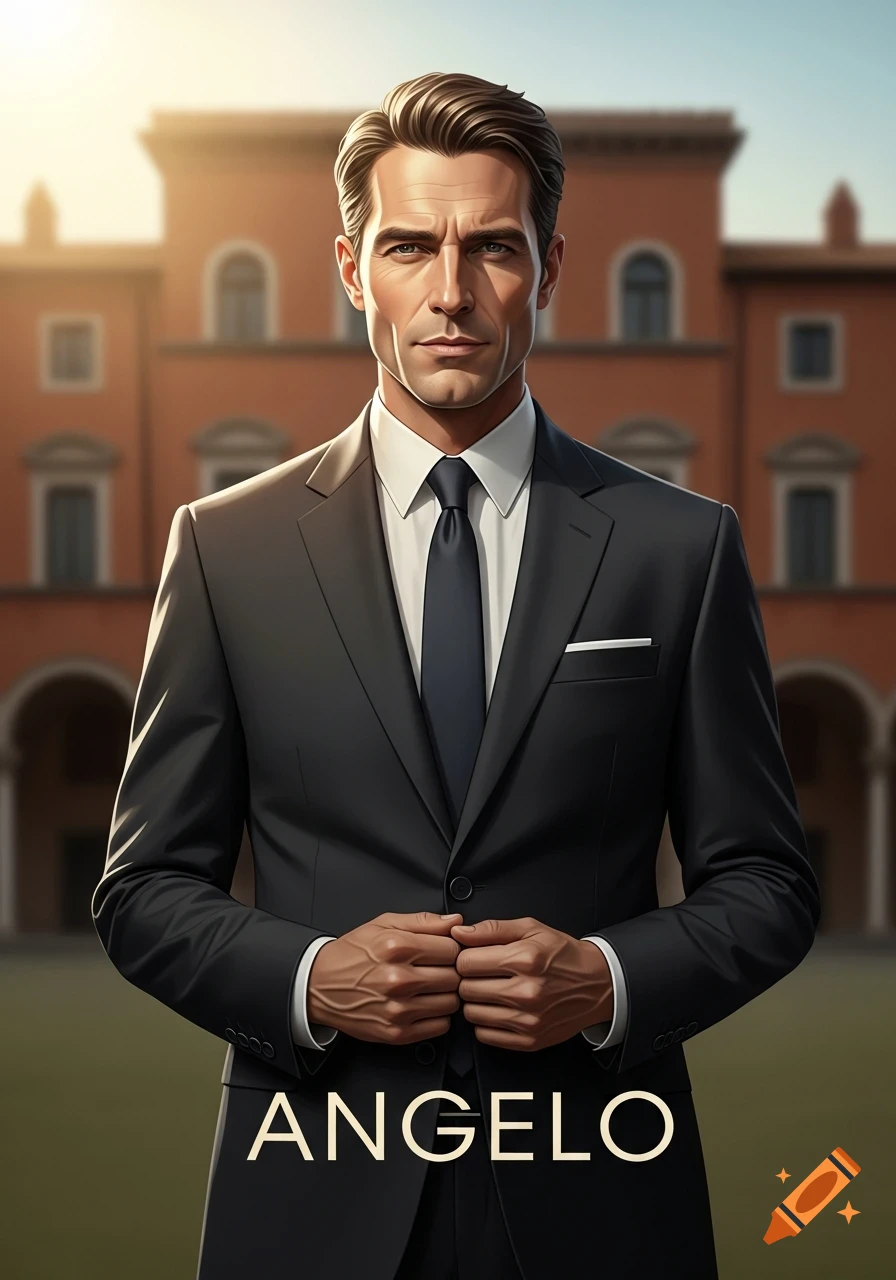 Photorealistic portrait of a serious man in a dark suit, standing ...