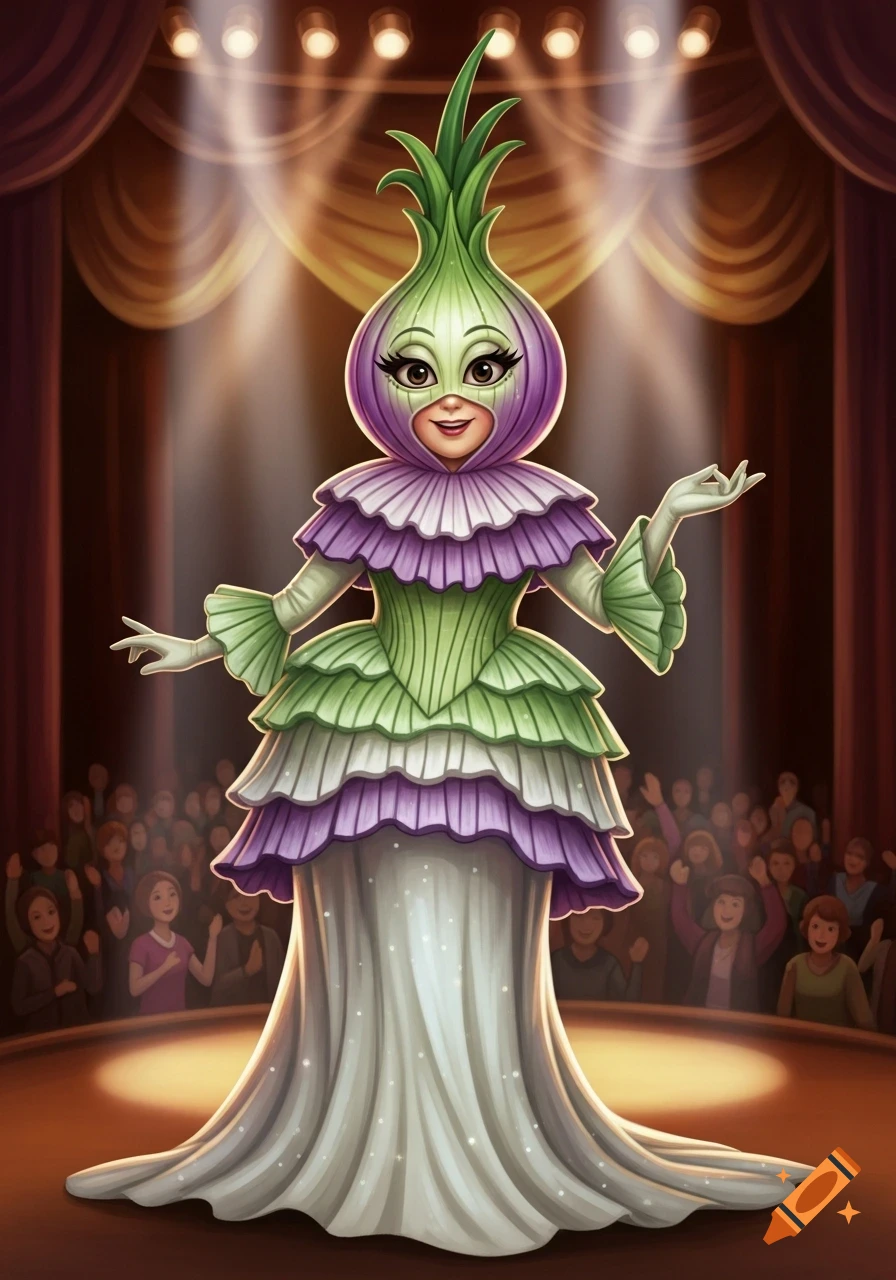 A cartoon character in a vibrant onion costume with a smiling face ...