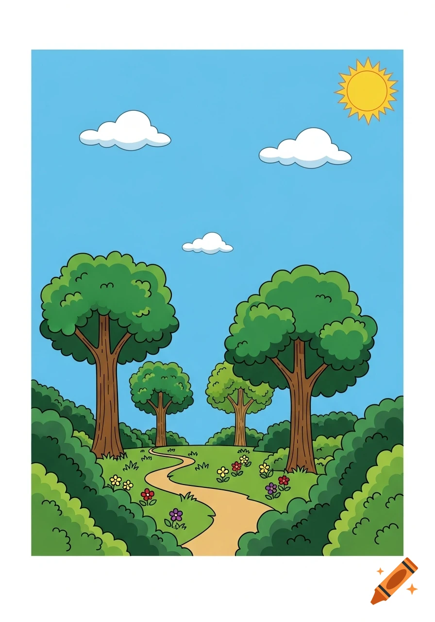 A cartoon forest path winds through green trees and bushes under a blue ...