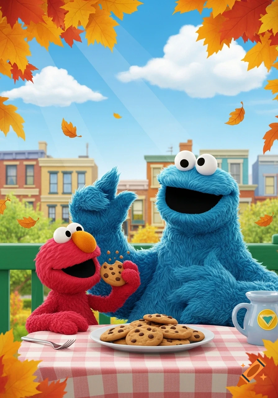 Cookie Monster and Elmo from Sesame Street sit on a balcony with ...