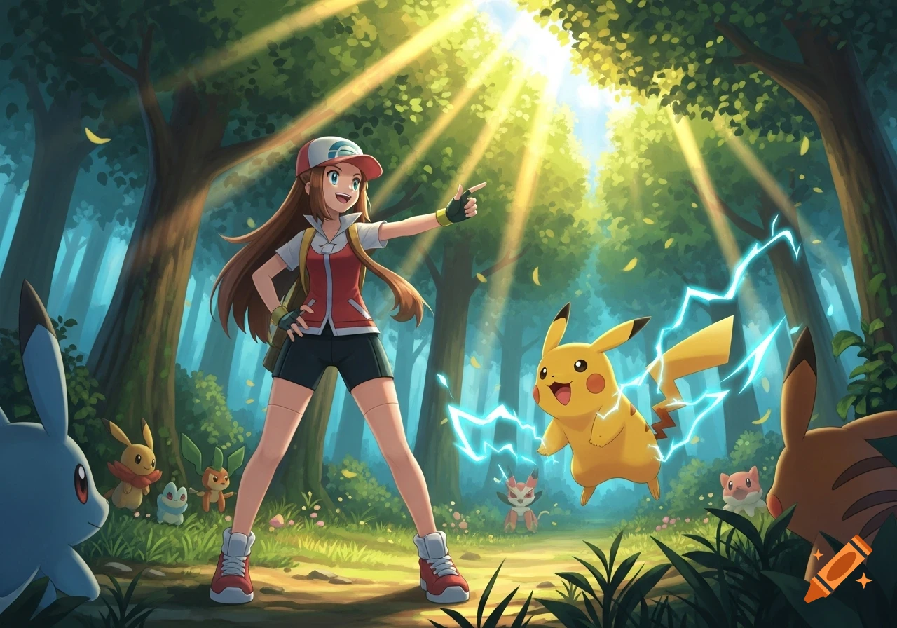 An anime illustration of a female Pokémon trainer in a sunny forest ...