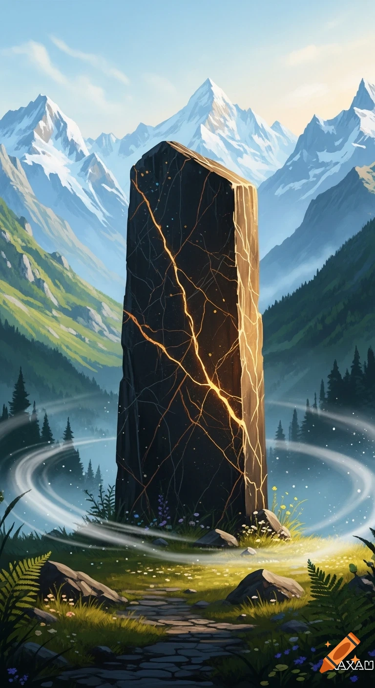 A mystical dark monolith with glowing golden cracks stands in a verdant ...