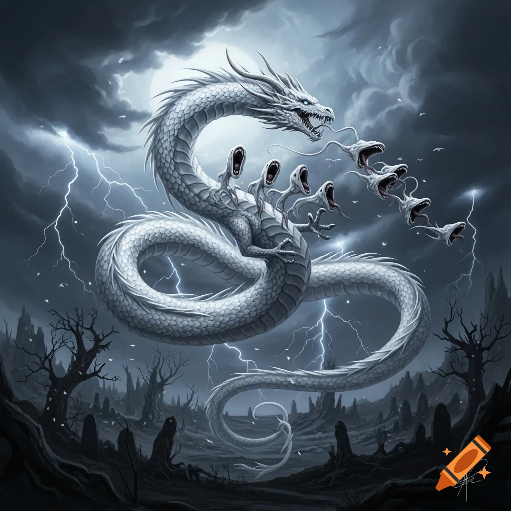 A majestic white dragon with multiple screaming mouths emerging from ...