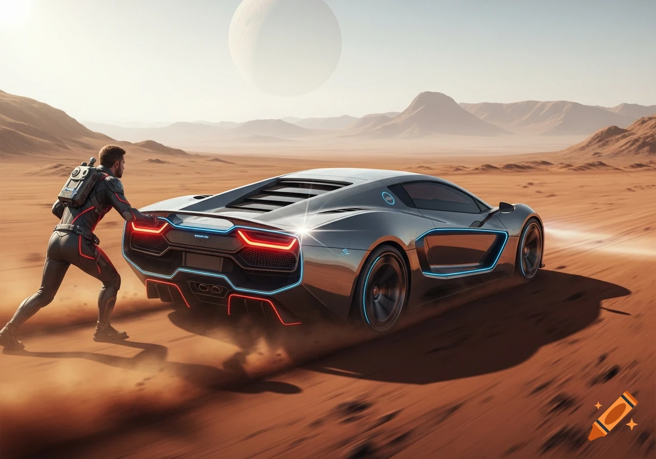 A man in a futuristic suit pushes a sleek, silver sports car across a ...