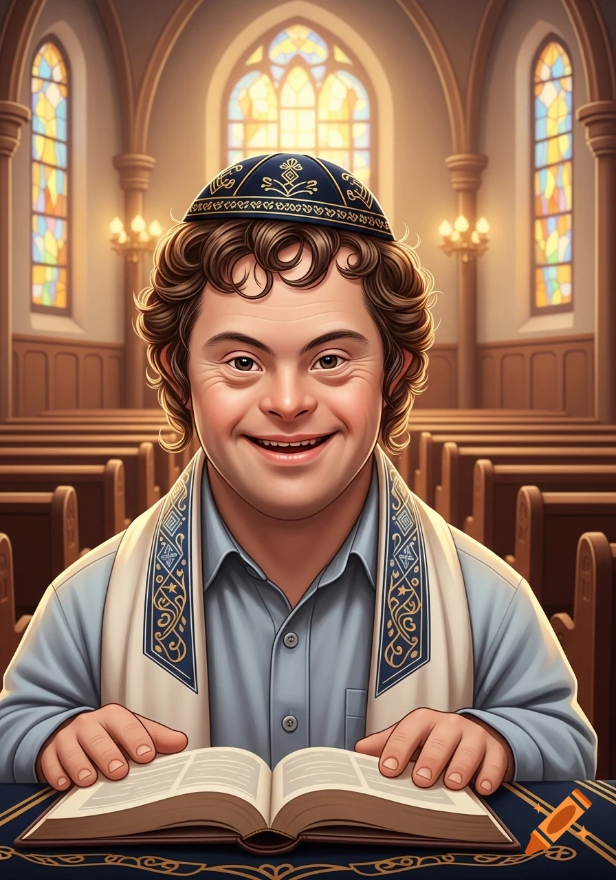 A smiling Jewish man with Down syndrome wears a kippah and tallit ...