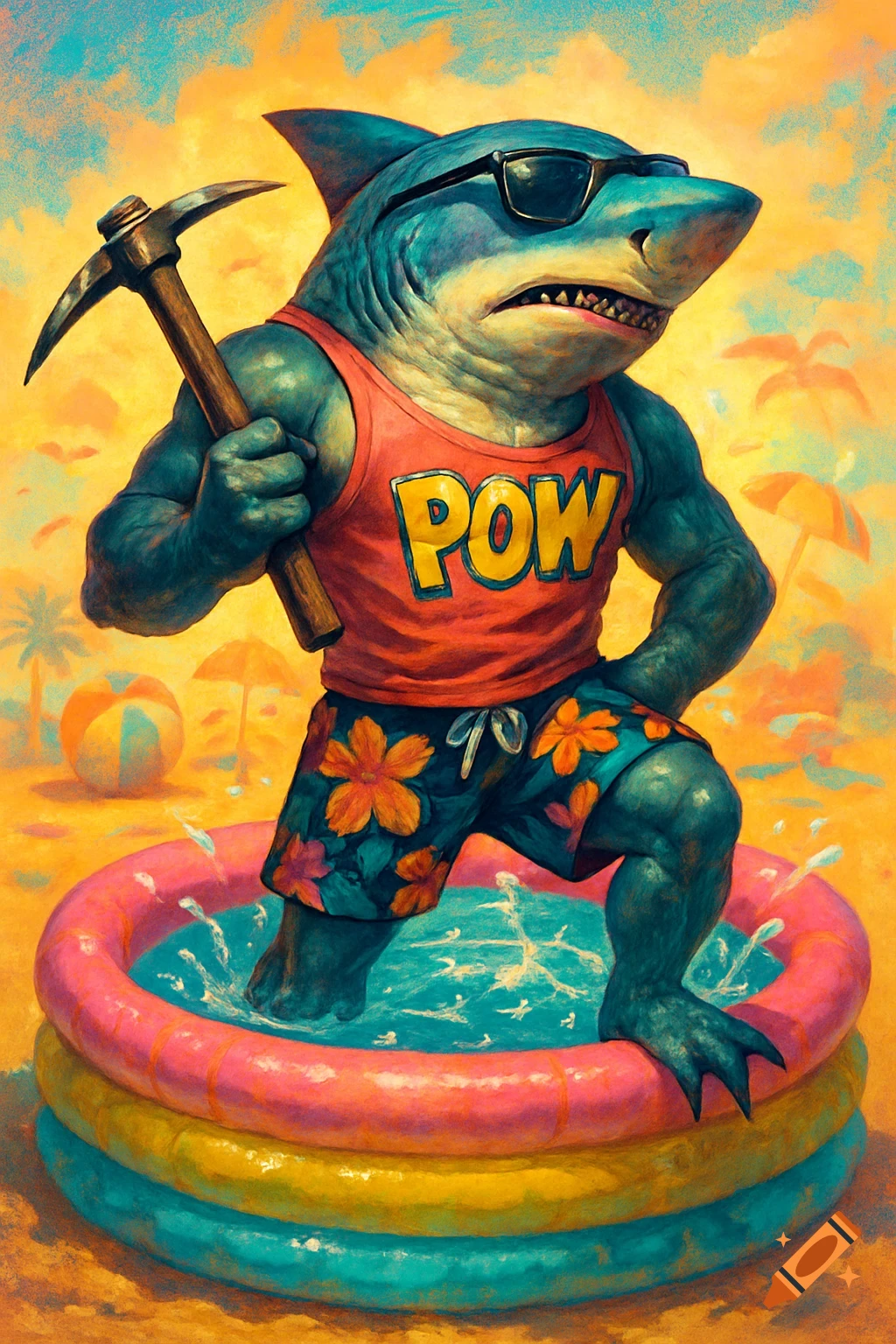 A stylized shark in sunglasses, a 'POW' tank top, and floral shorts ...