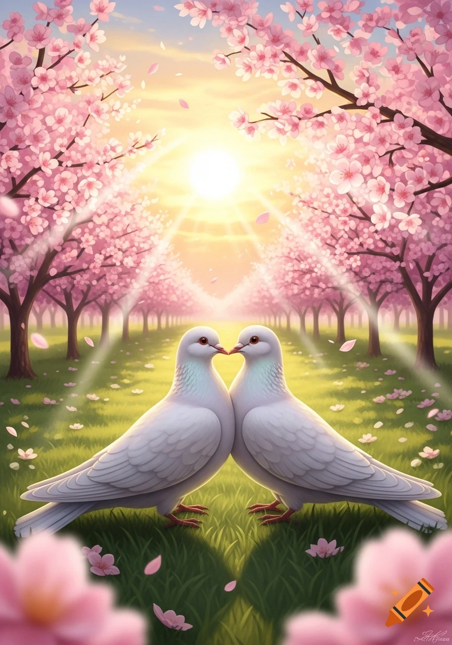 Two white doves kiss amidst a vibrant cherry blossom alley with golden sunset light and falling ...