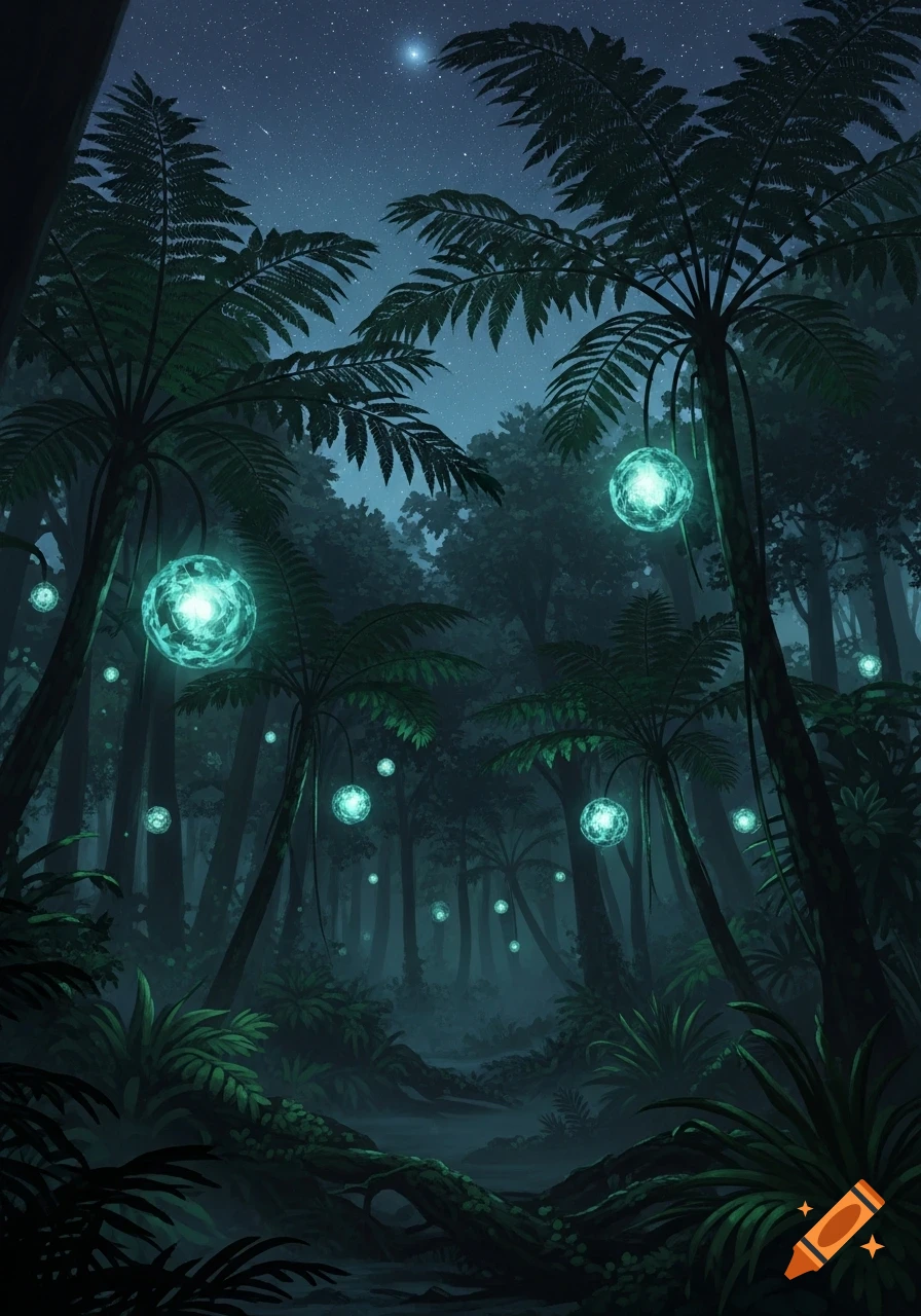 A dark prehistoric fern forest at night, illuminated by numerous ...